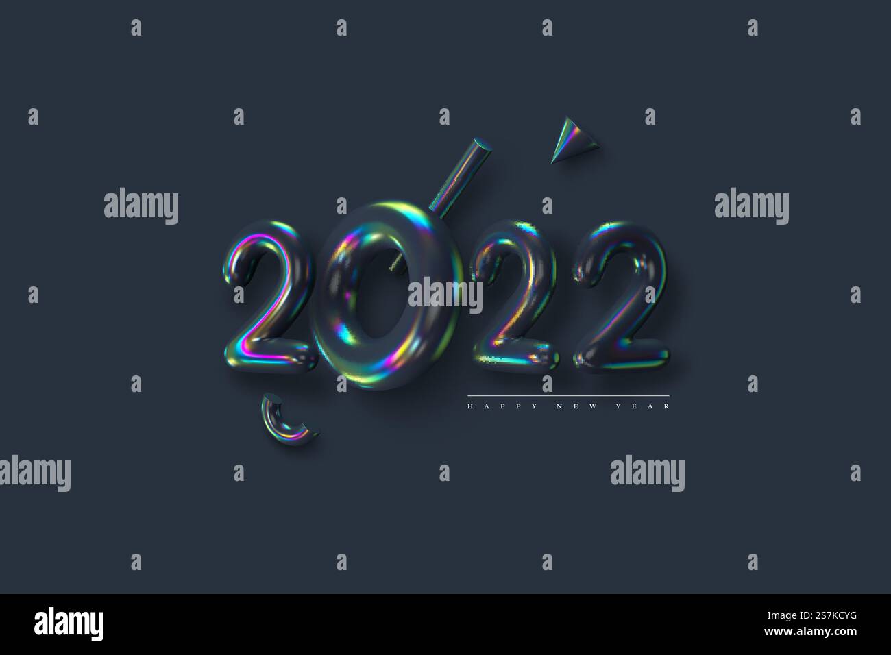 2022 New Year sign. 3d metallic iridescent numbers with primitives on dark background. Thin film ...