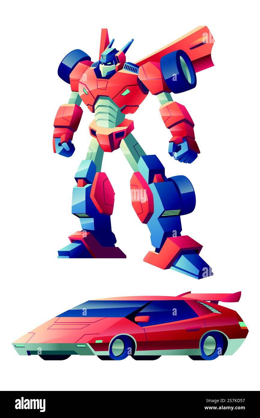 Red battle robot capable to transform in sport car cartoon vector ...