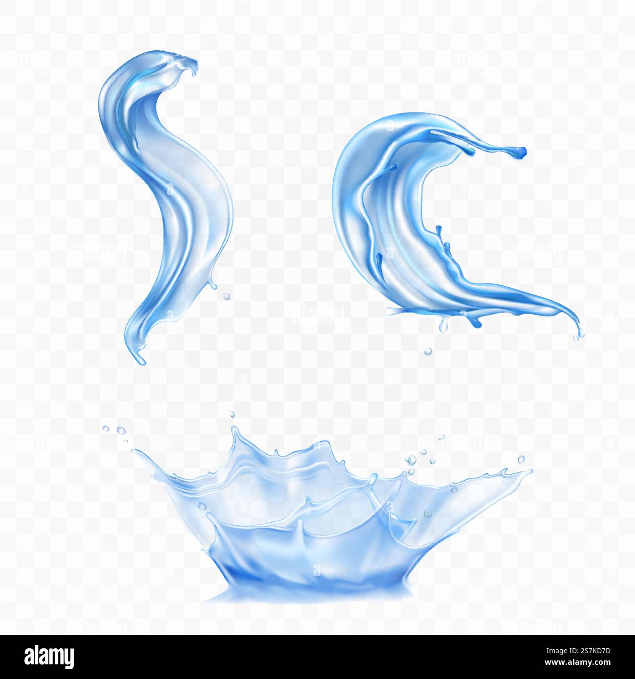 Pure blue water frozen motion crown splash and twisted swirls with drops 3d realistic vector set ...