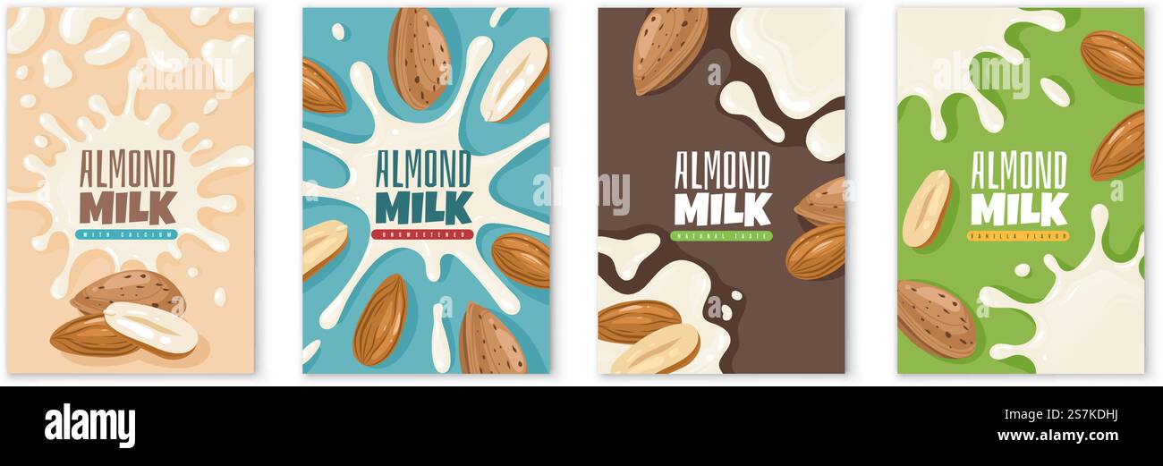 Almond milk. Dairies package design template, diet product advertising ...