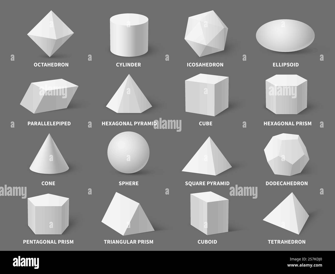 Geometric 3d shapes. Realistic white basic geometry form sphere and pyramid, hexagonal and prism ...