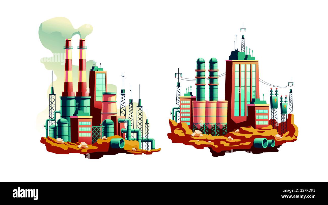 Heavy industry factory, working thermal power plant or station with ...