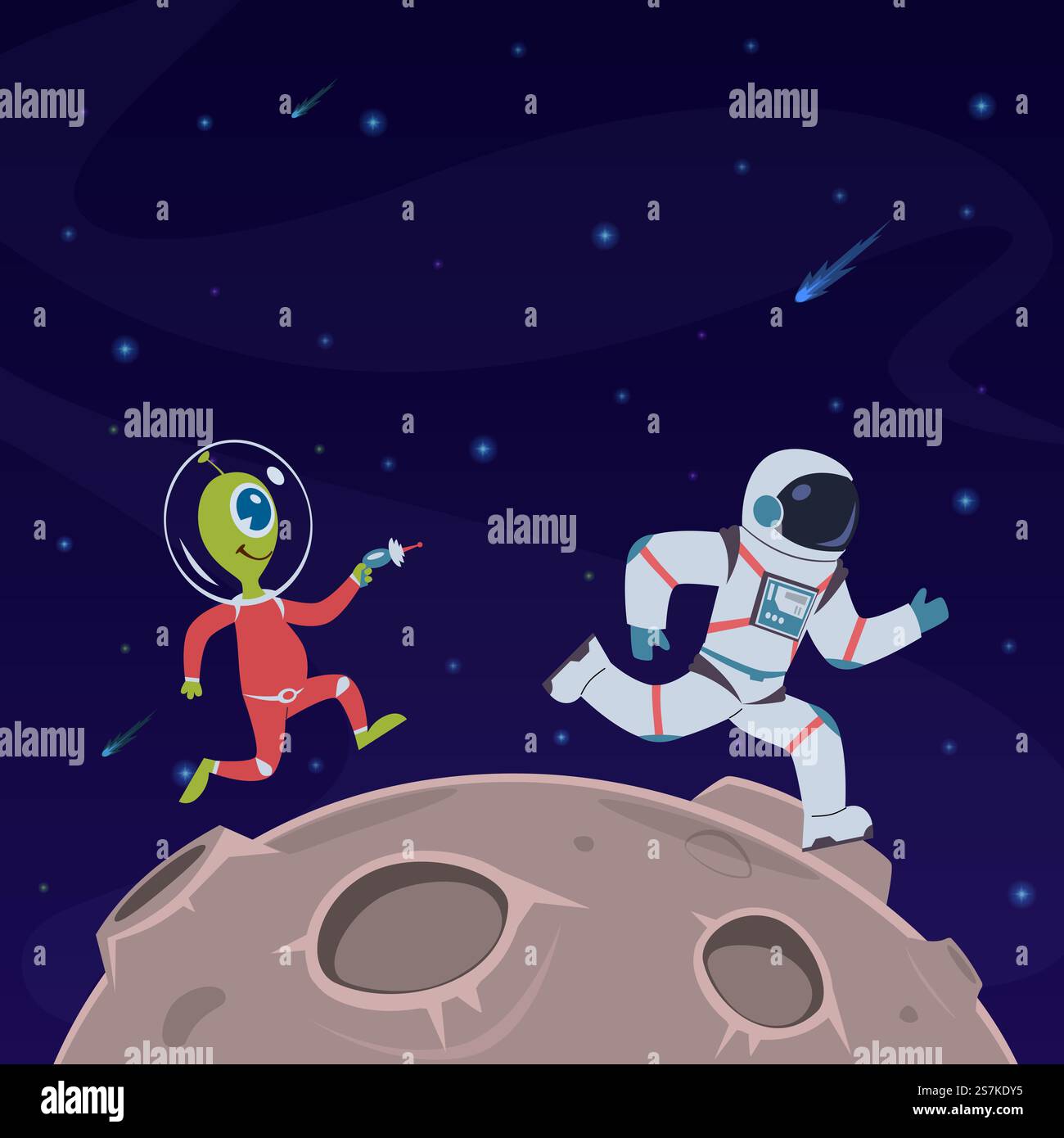 Astronaut and alien. Spaceman runs away from alien humanoid with ...