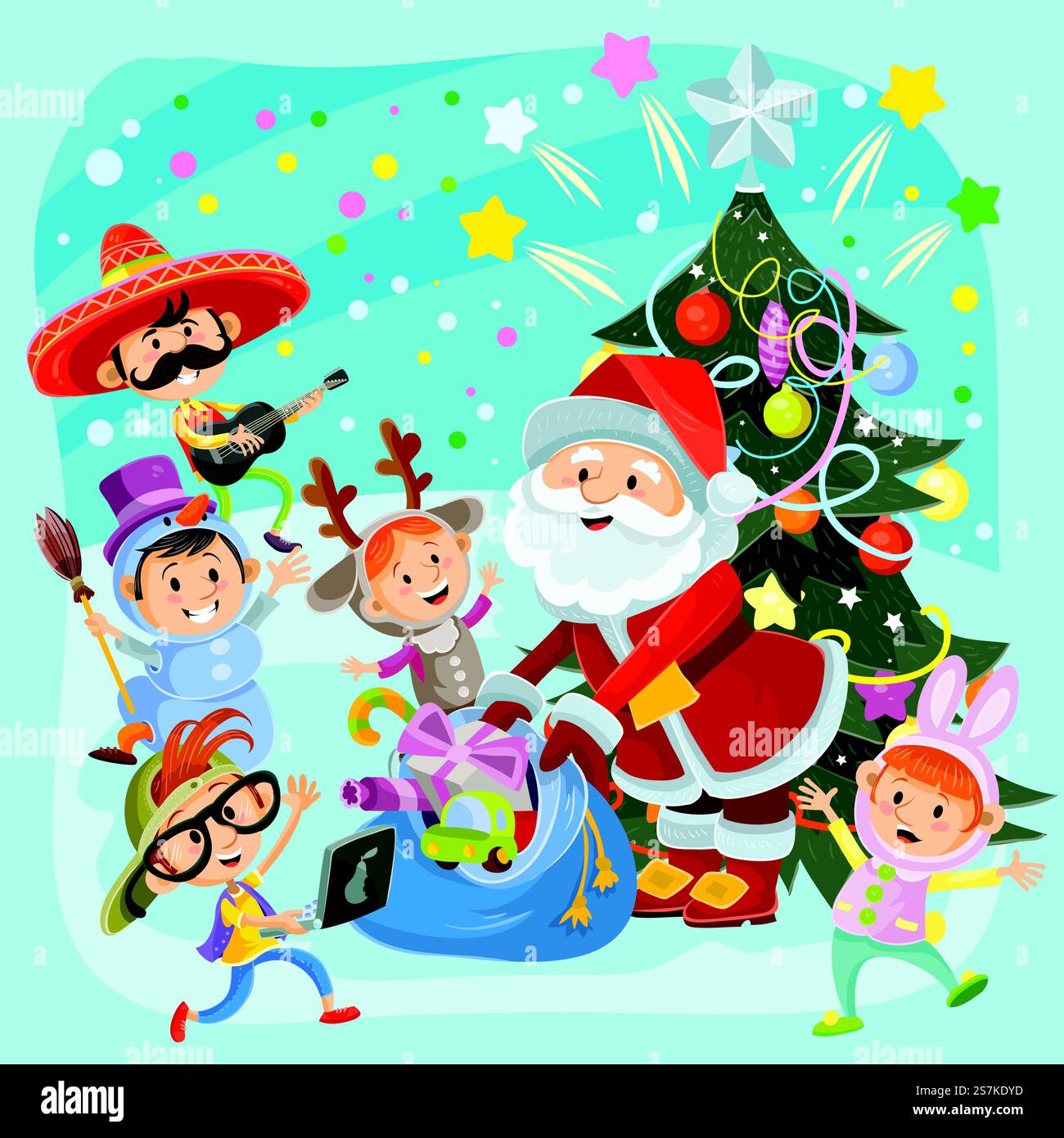 Santa Claus gives presents to cheerful kids in fancy dresses, vector ...