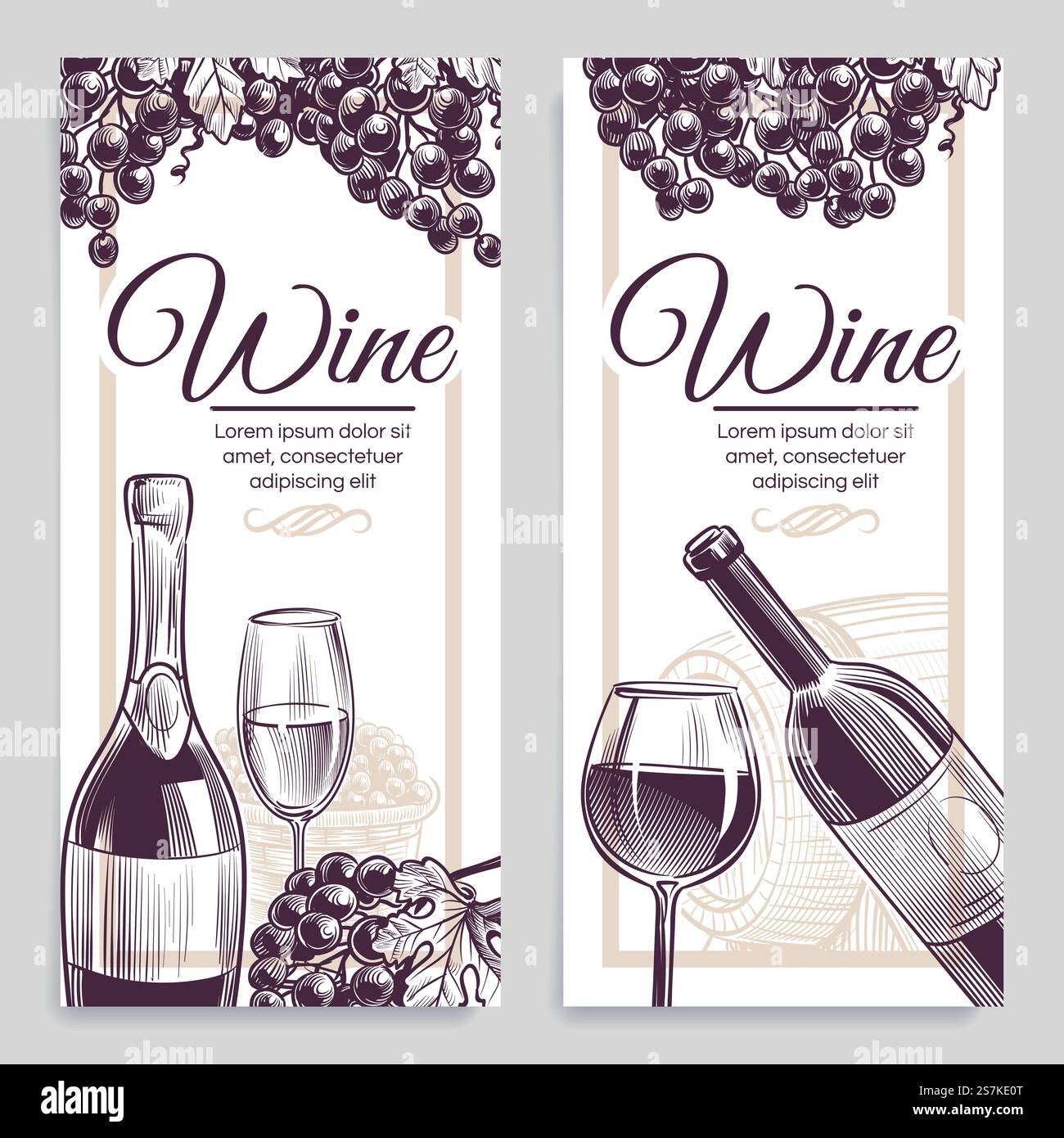 Sketch wine banners. Classical alcoholic drink bottle and wineglasses ...