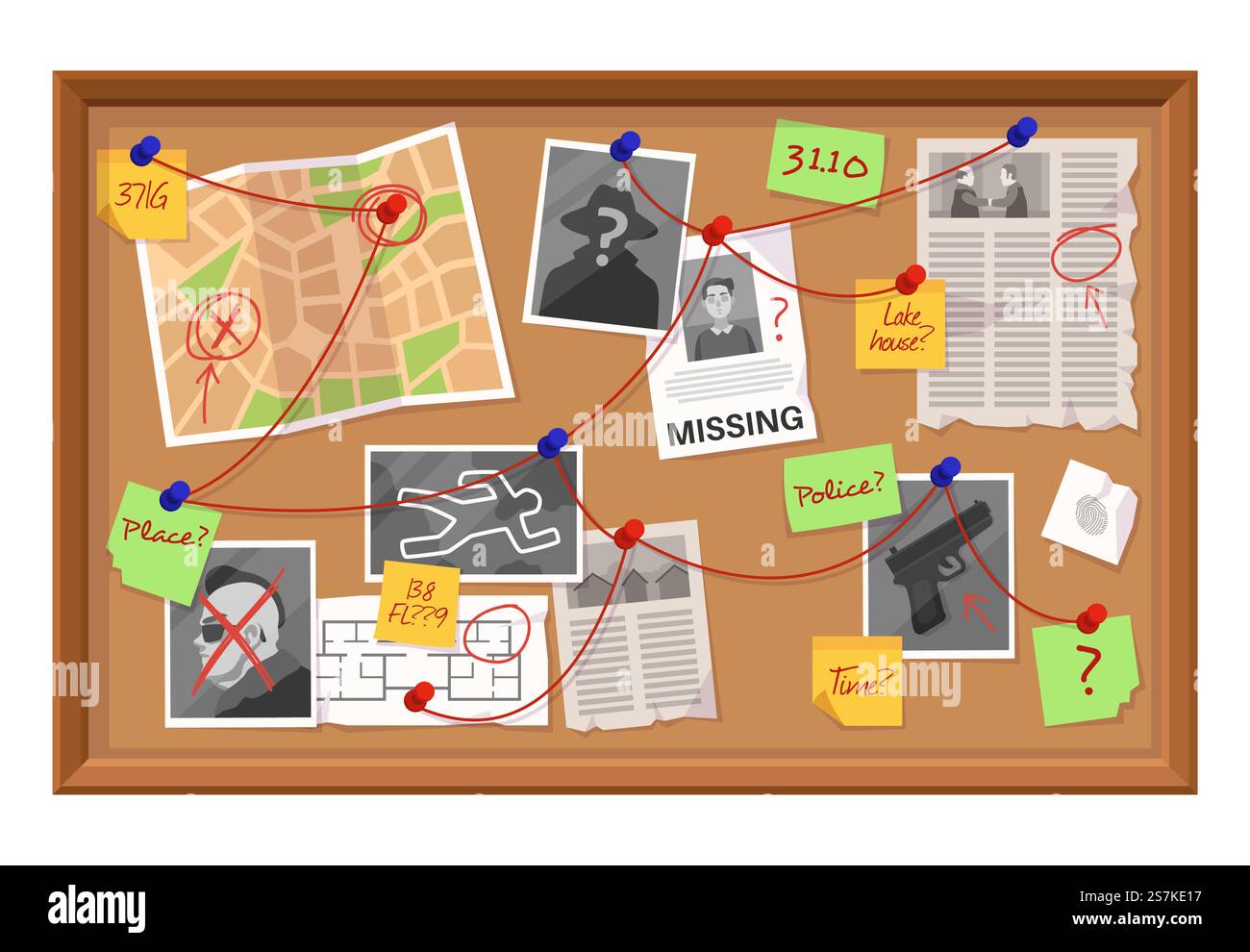 Investigation board. Crime evidence connections chart, pinned newspaper ...