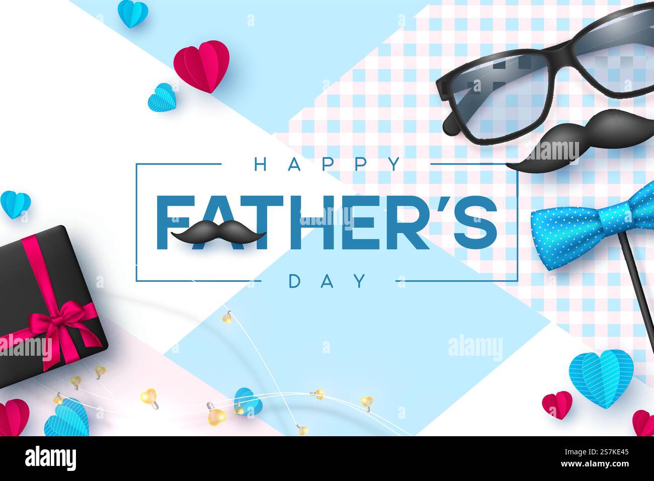 Happy Fathers Day banner with glasses, bow tie, mustache, gift box and ...