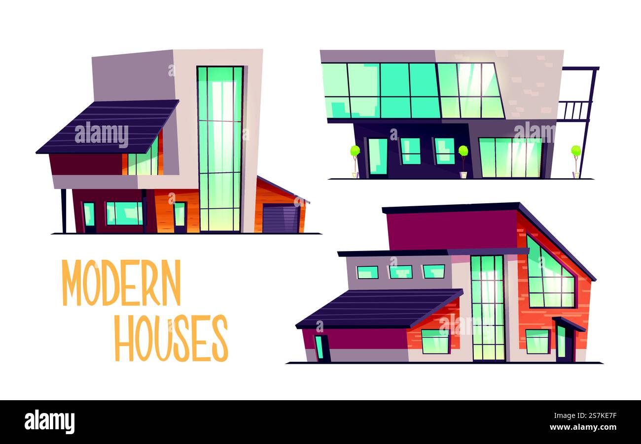 Modern houses cartoon vector set isolated on white background. Contemporary architecture cottage ...