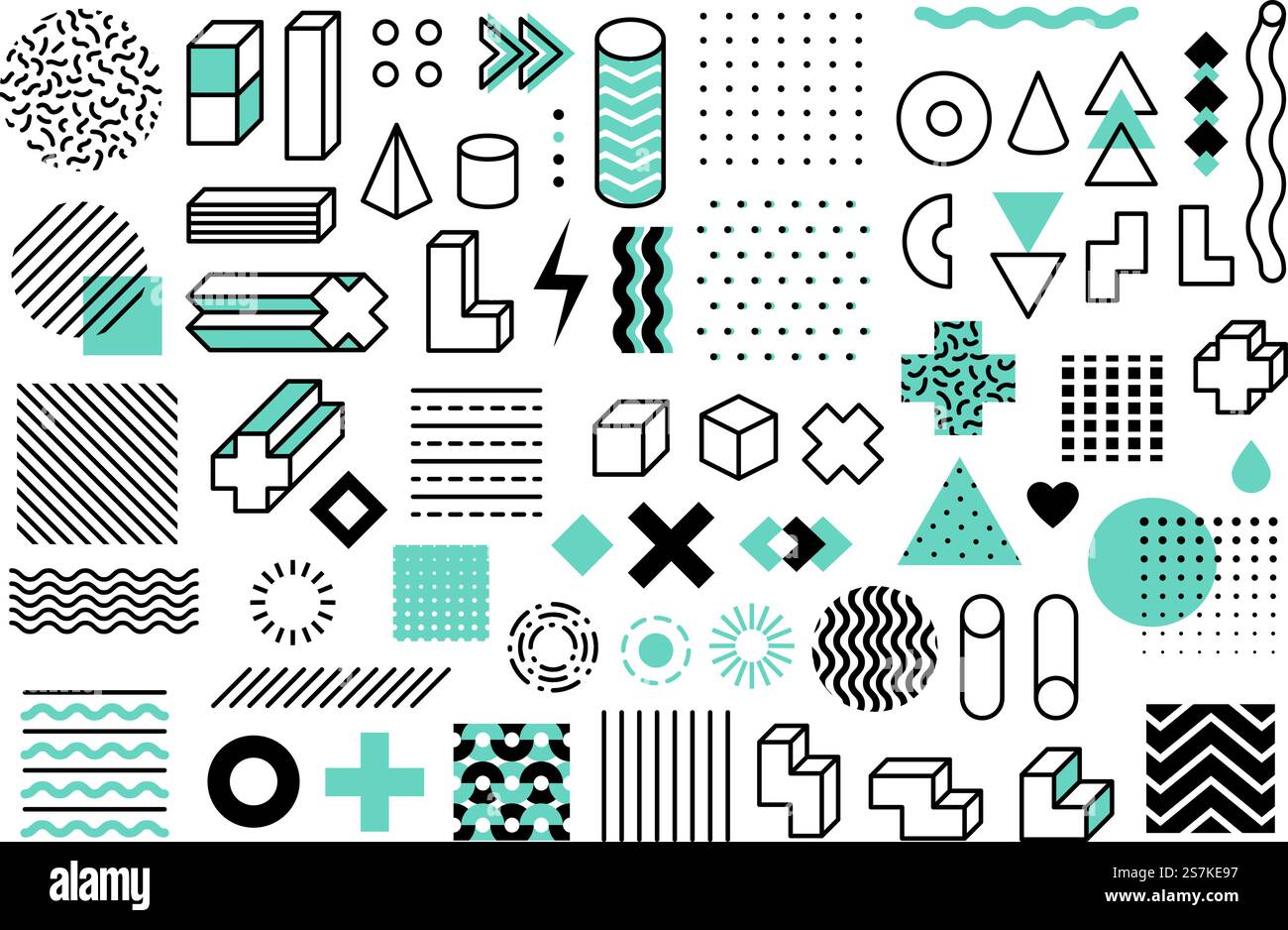 Geometric shapes. Graphic universal memphis style symbols. Lines circle ...