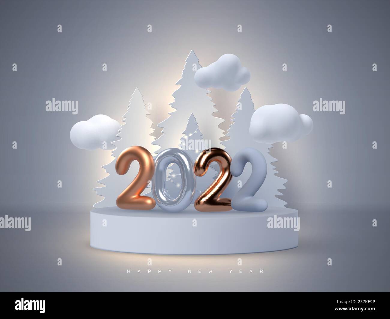 2022 New Year sign. 3d metallic golden or copper with blue numbers standing on the podium with ...