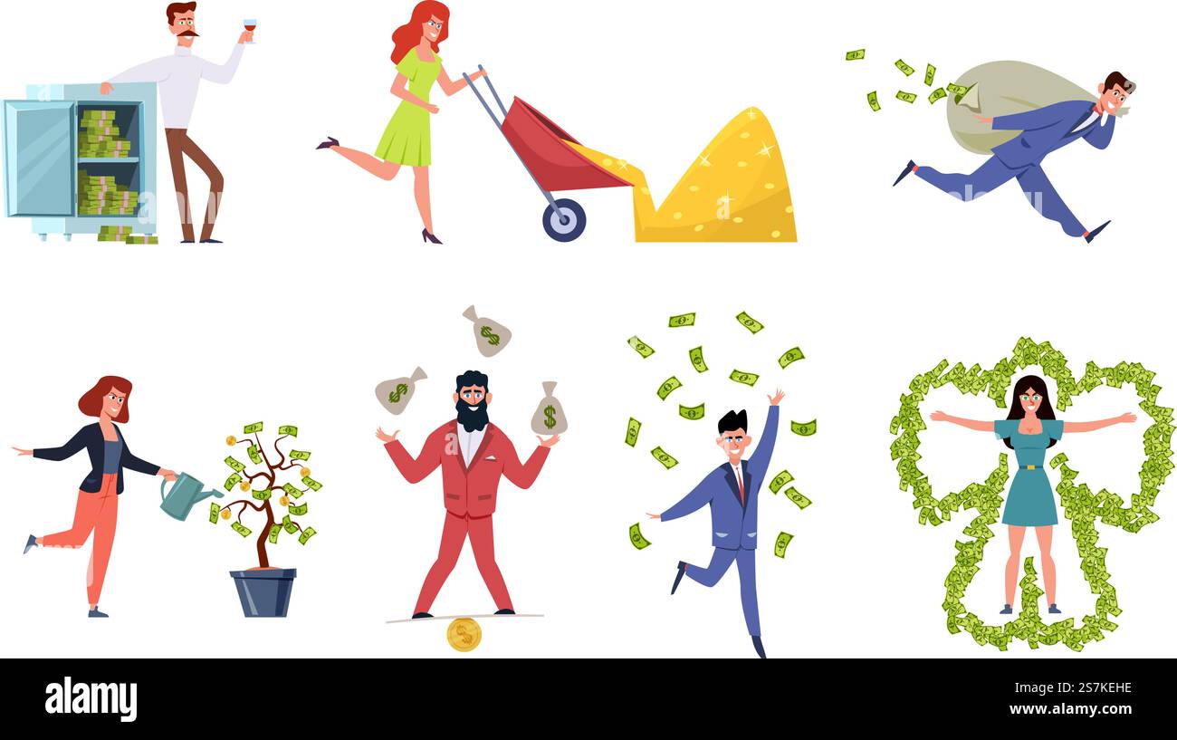 Rich people. Wealthy woman and millionaire man bathing in money, happy ...