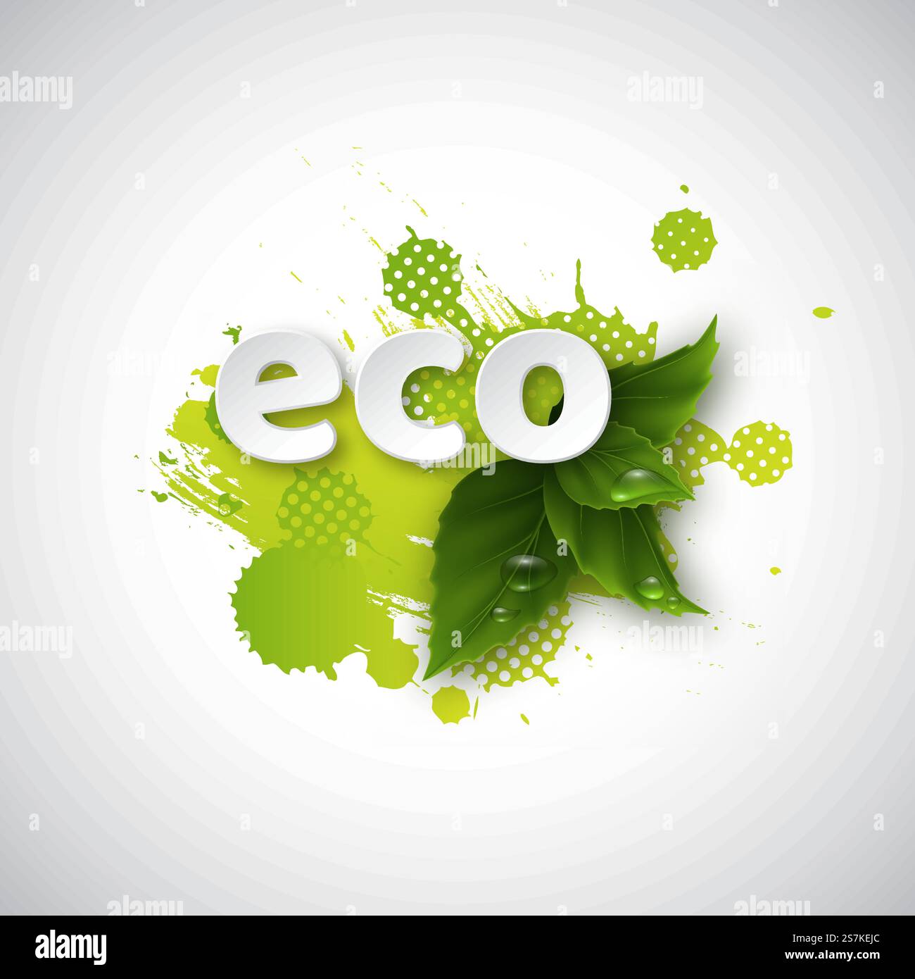 Paper eco with realistic leaves, water drops and watercolor splash ...