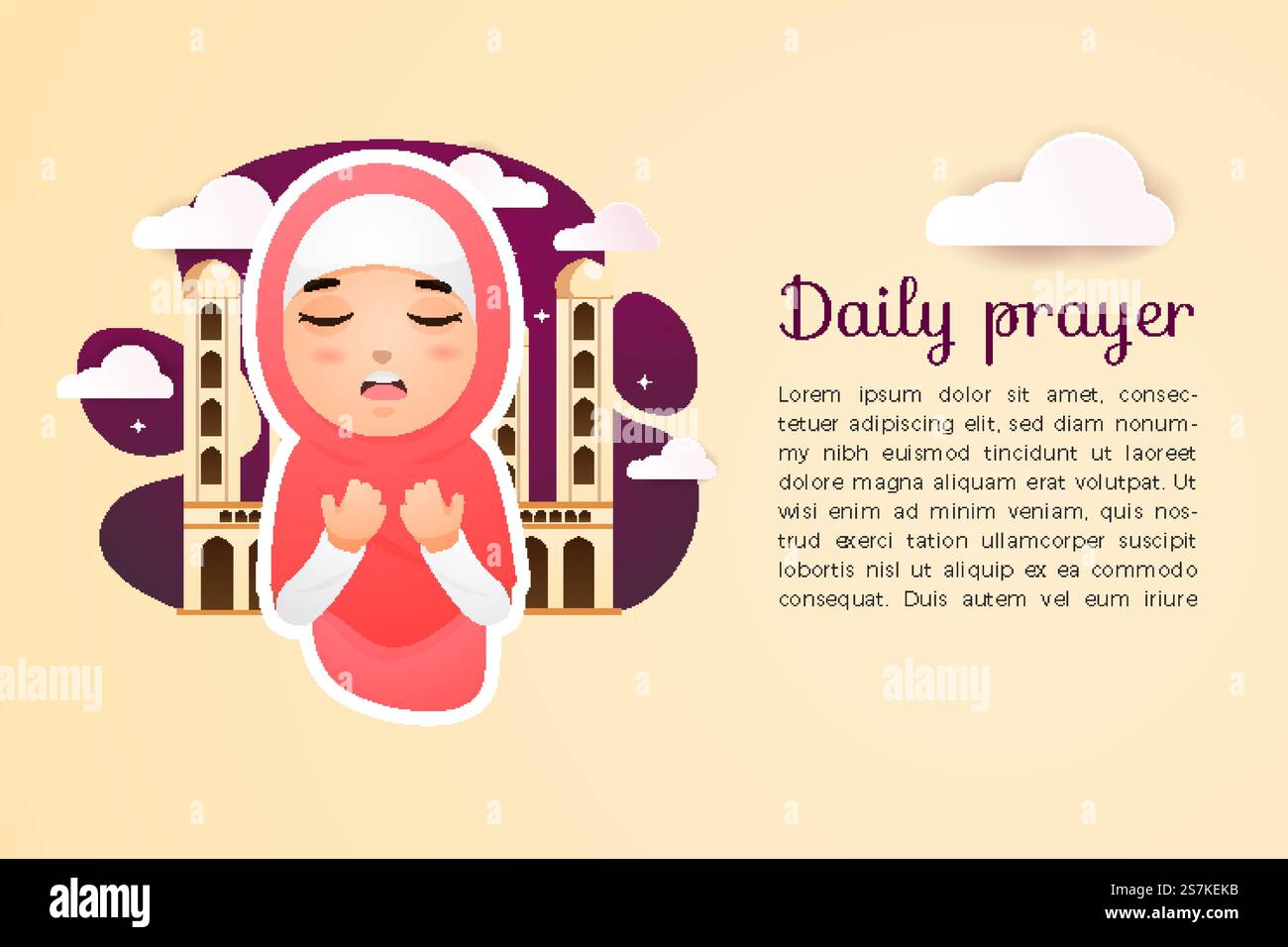 Muslim daily prayer template vector with cute hijab girl Character ...