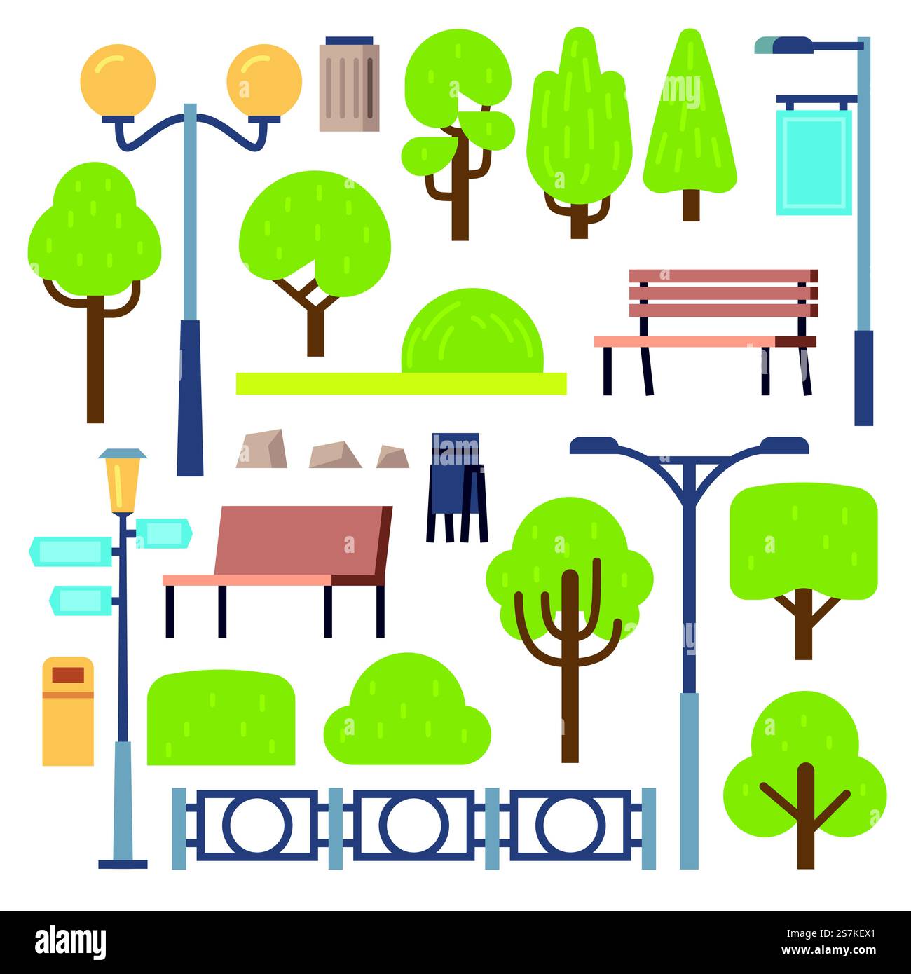 Park elements. Urban outdoor decor, lamppost and benches, bush and ...