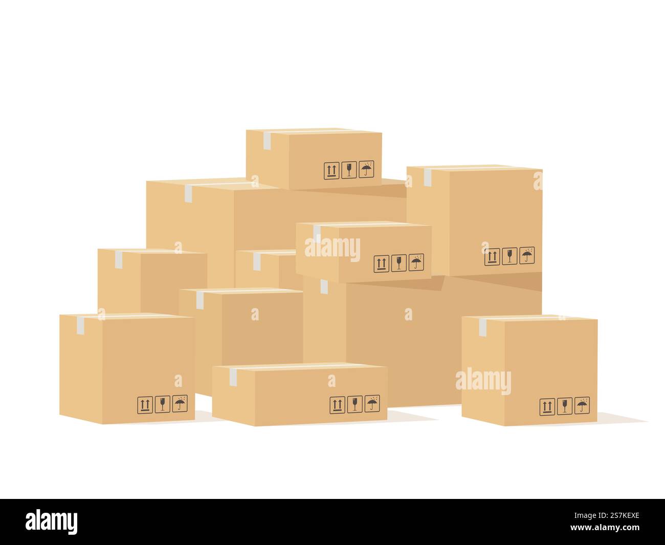 Box pile. Cardboard boxes different size with fragile signs, shipping goods carton package ...