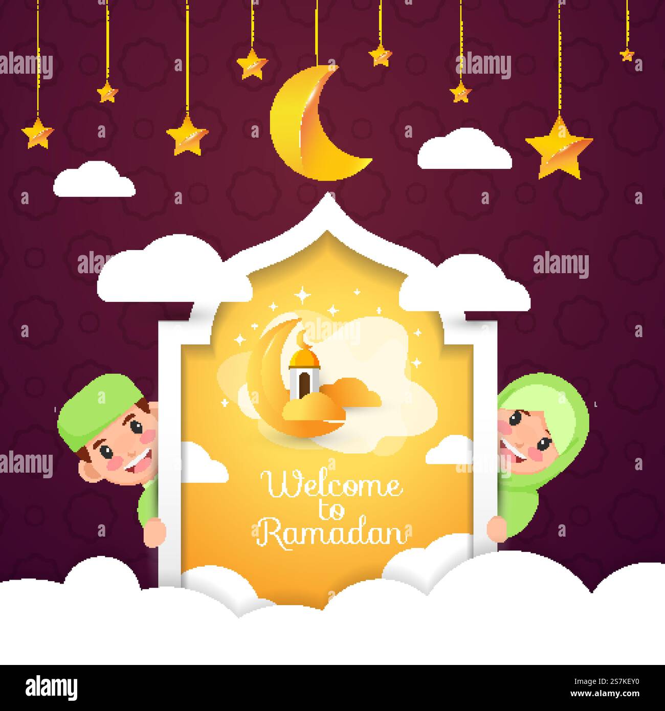 cute muslim character greeting welcome ramadan kareem with moon and ...