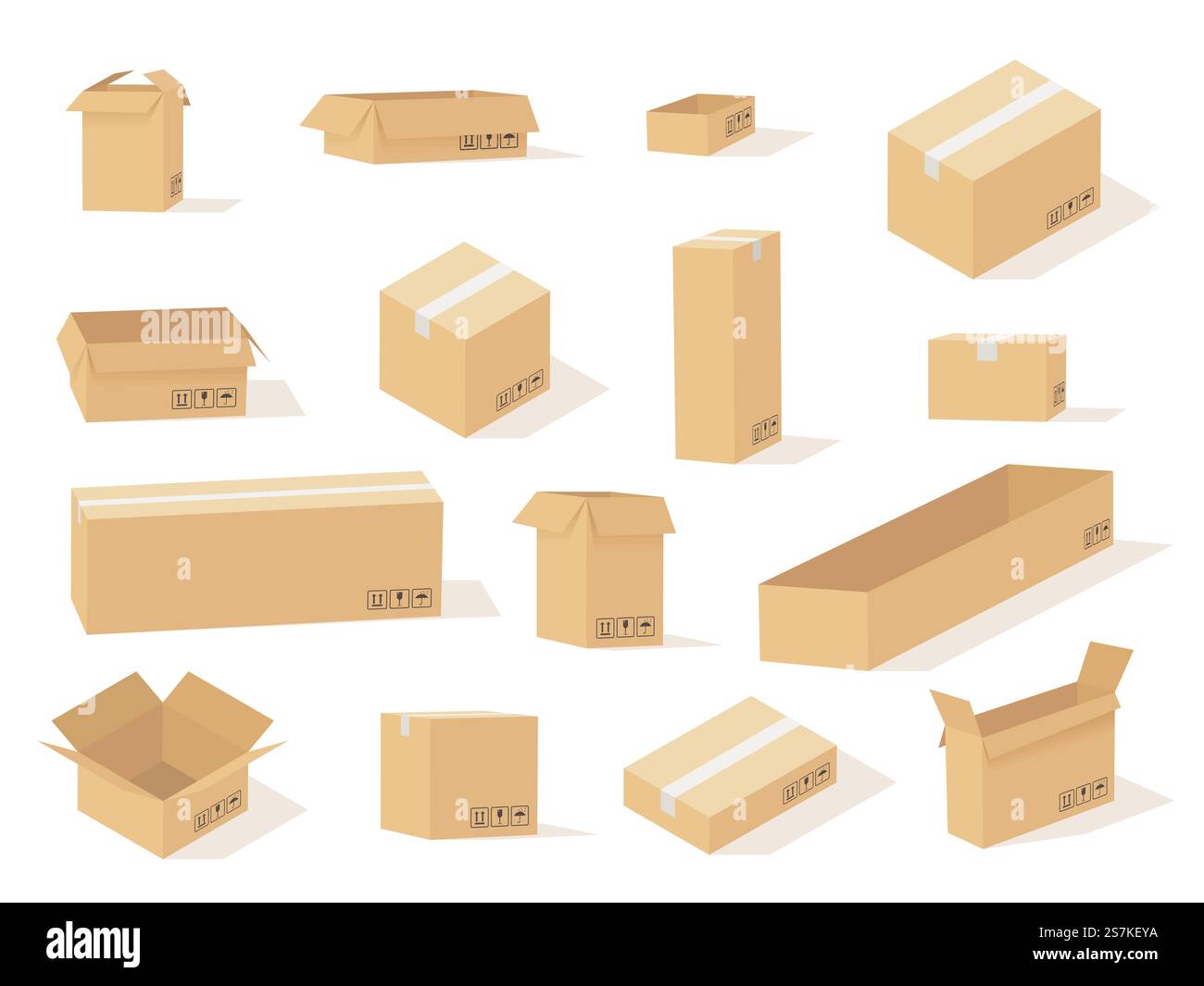 Cardboard box. Boxes open and closed different size, front view and ...