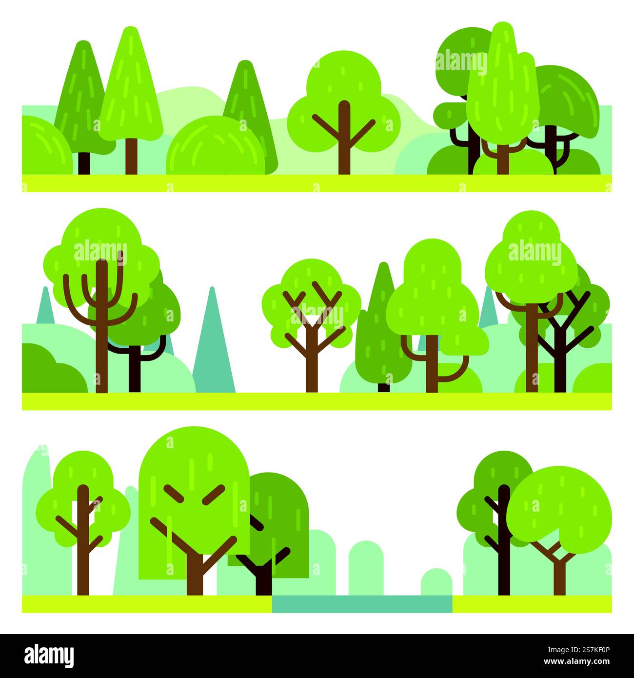 Forest and park plants. Flat different trees, bushes and grass ...