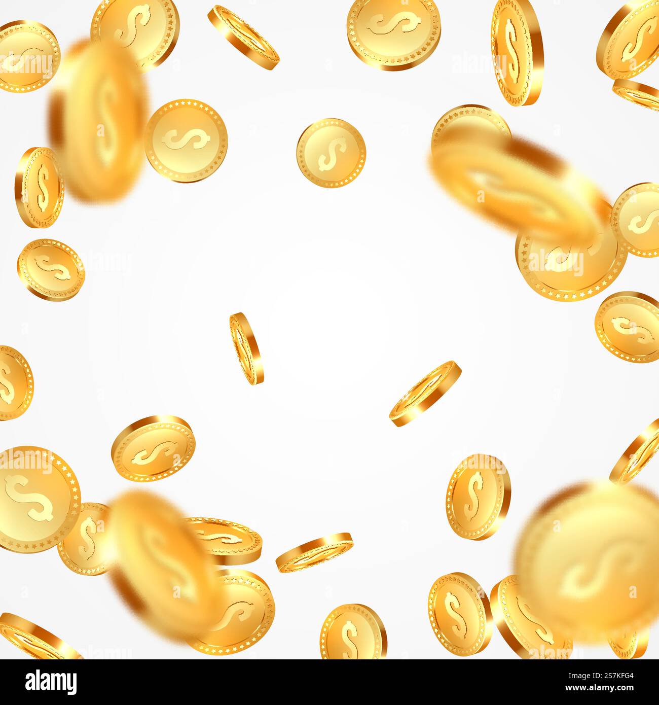 Realistic 3d golden coins explosion. Falling money with dollar sign ...