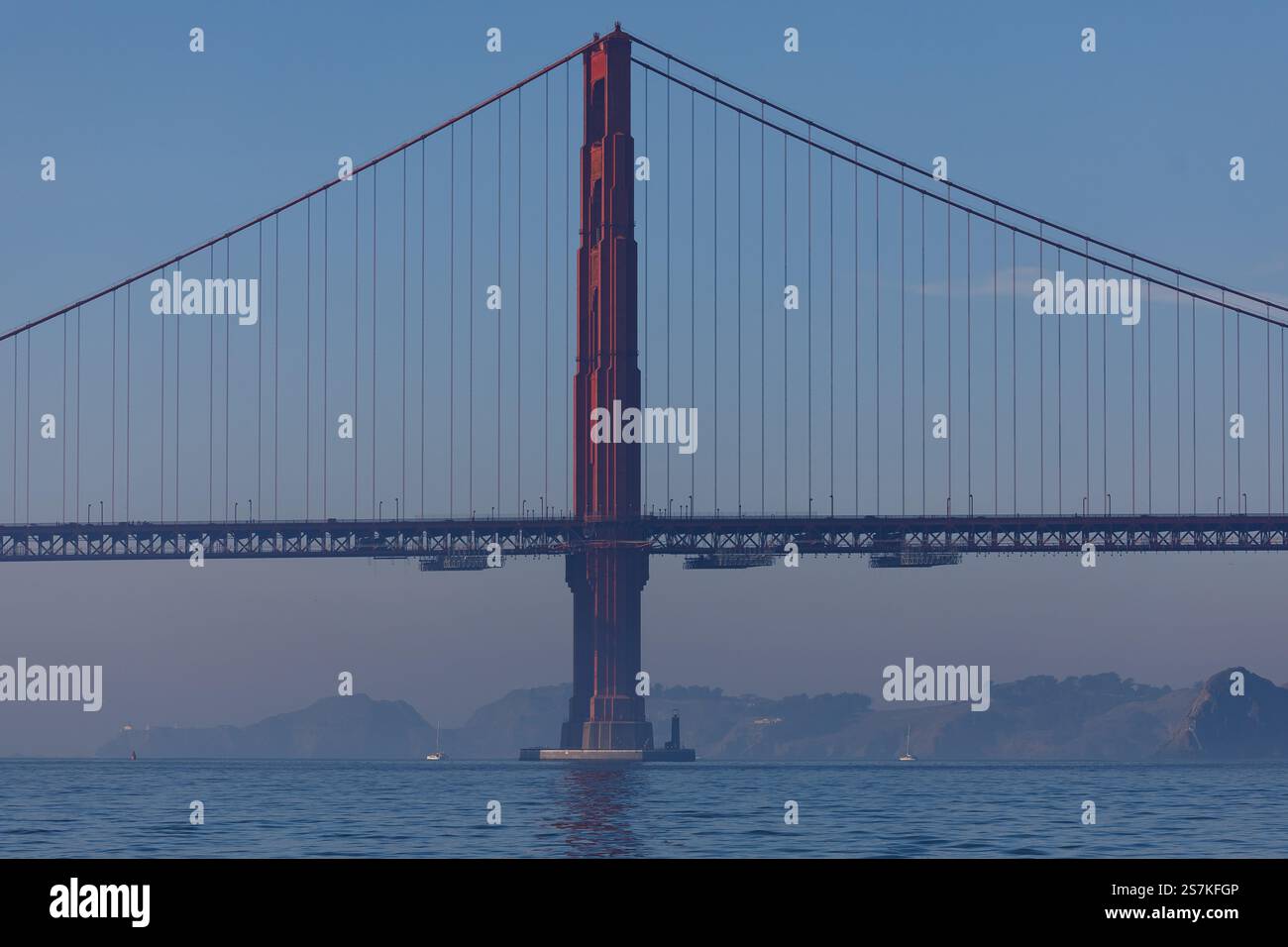 Long span of Golden Gate Bridge stretches across the waters of the San ...