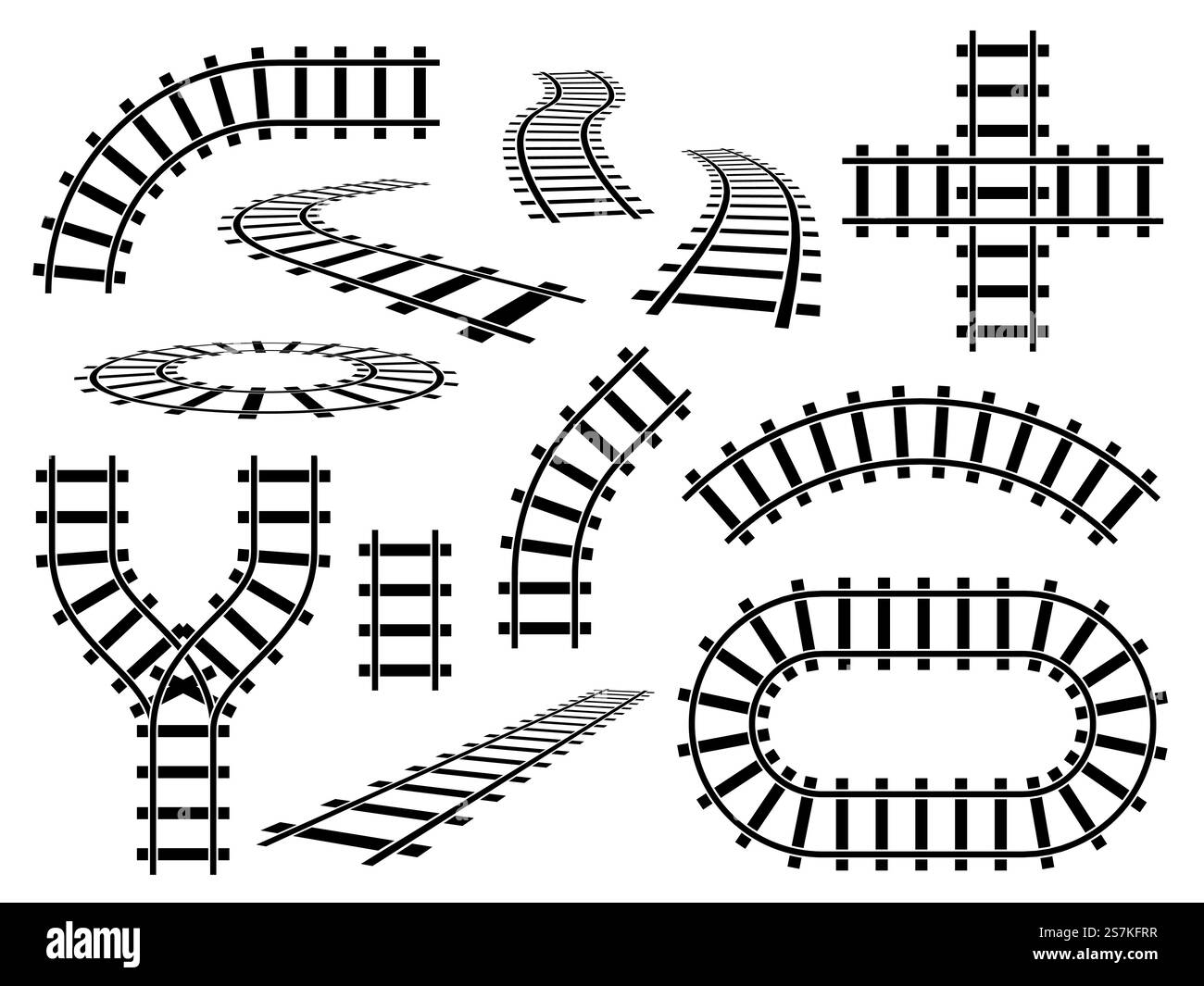 Railroad elements. Curved, straight and wavy rail tracks. Railway rails in perspective and top ...