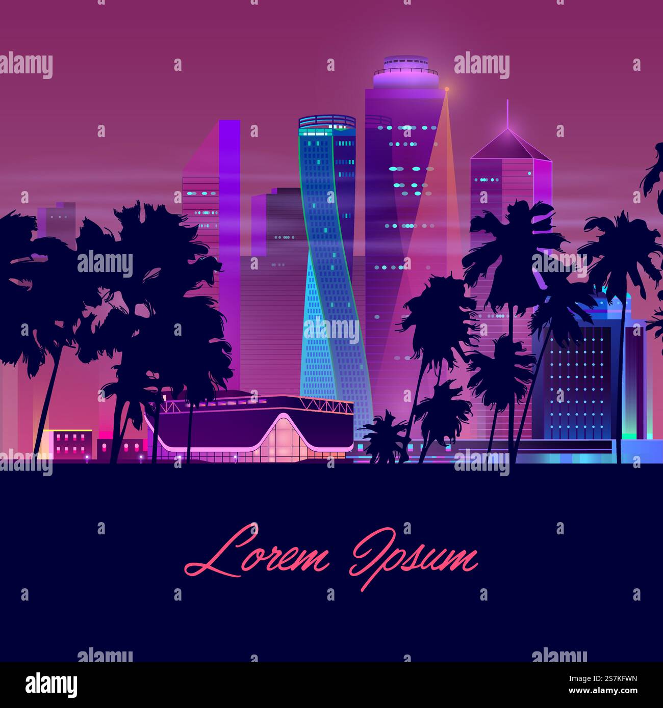 Metropolis in tropics cartoon vector banner in neon colors. Resort city ...