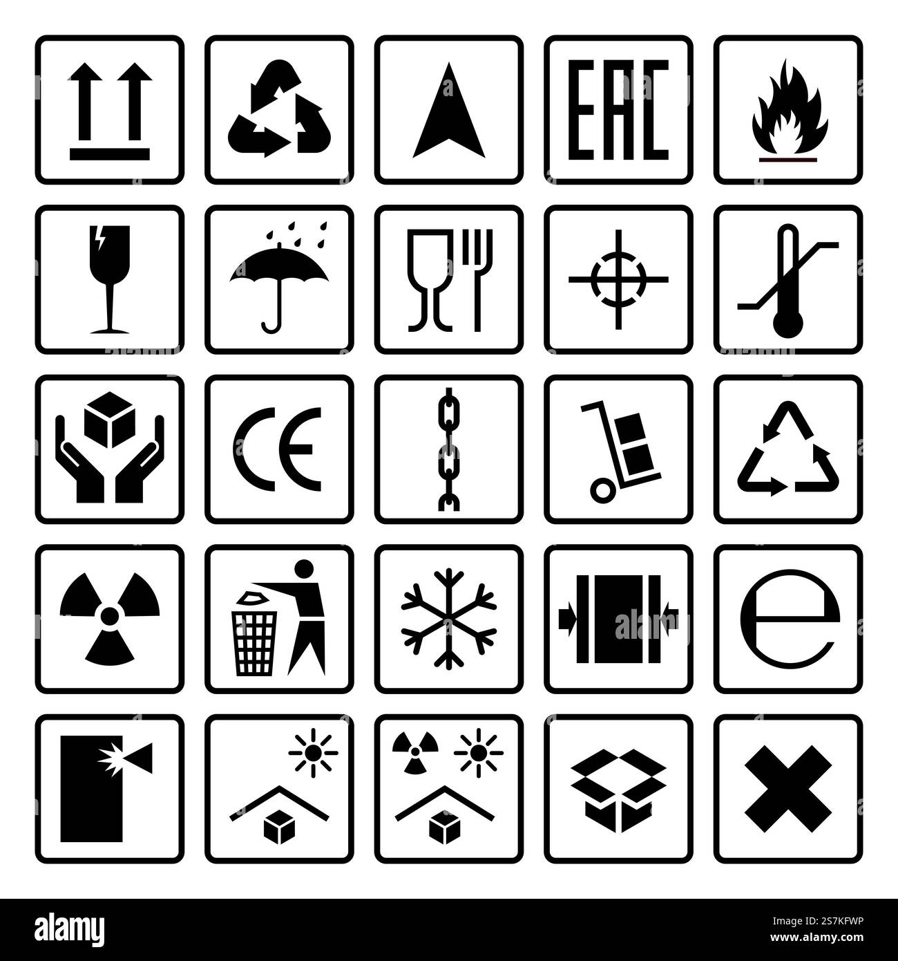 Packaging symbols. Shipping cargo signs fragile, frozen flammable, this side up, handle with ...