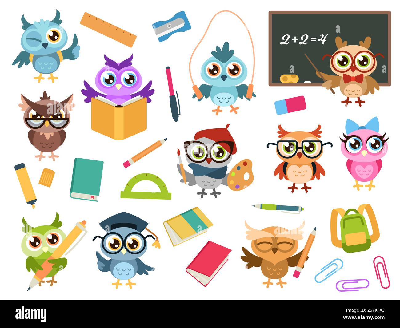 School owls. Color cute birds studying in school and teacher in glasses ...