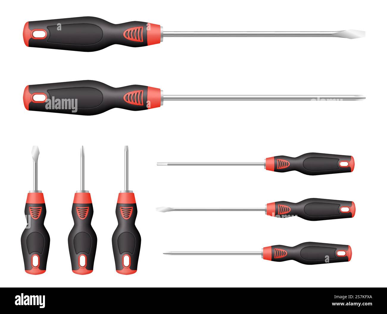 Realistic screwdrivers set with black plastic handles. Hand tools for ...