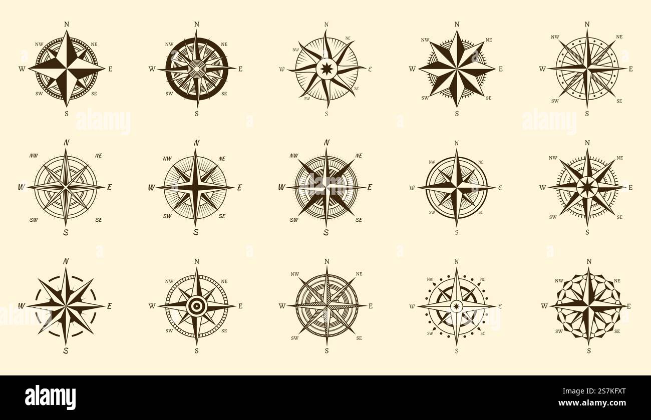 Compass set. North and south direction measure on isolated engraving ...