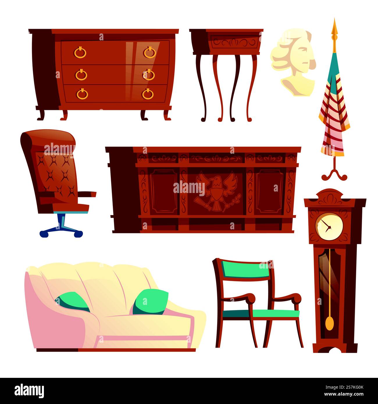 White house oval office wooden furniture cartoon vector set isolated on ...