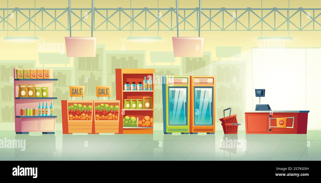 Grocery store trading room interior cartoon vector with shopping ...