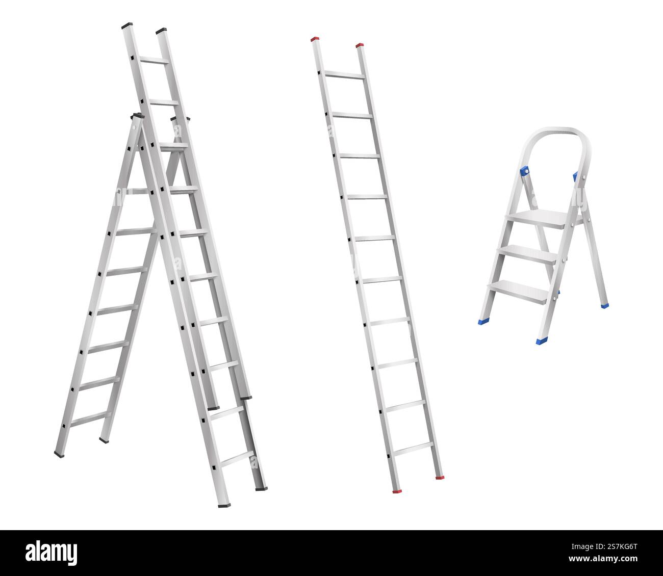 Realistic metal ladders. Set of step ladder and stair cases for ...