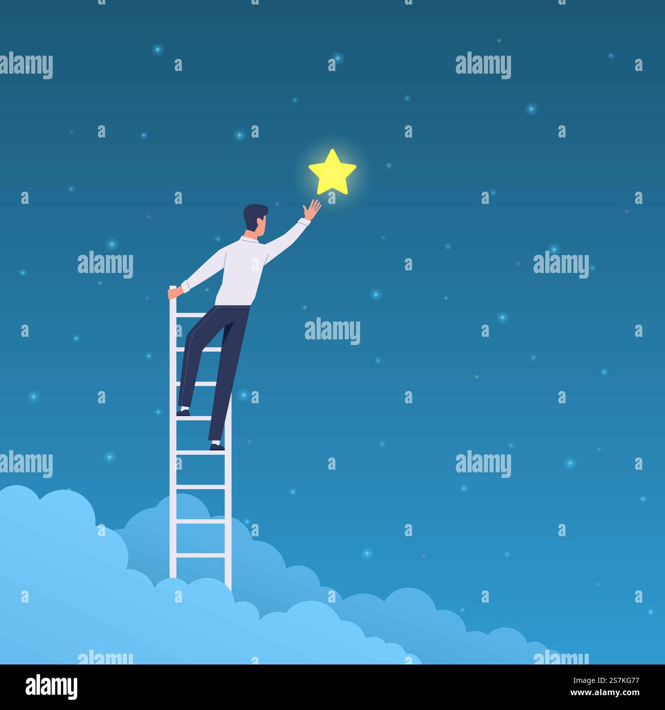 Businessman success. Cartoon man on ladder reaches stars on sky ...