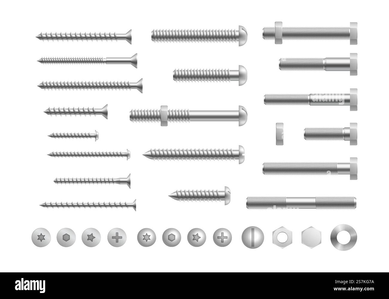 Metal bolt and screw. Realistic steel nails, rivets and stainless self ...
