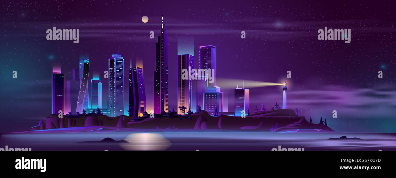 Modern metropolis buildings on sea or ocean island steep shore with ...