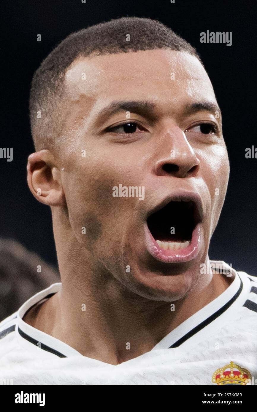 MADRID, SPAIN - January 19: Kylian Mbappe of Real Madrid celebrates a ...