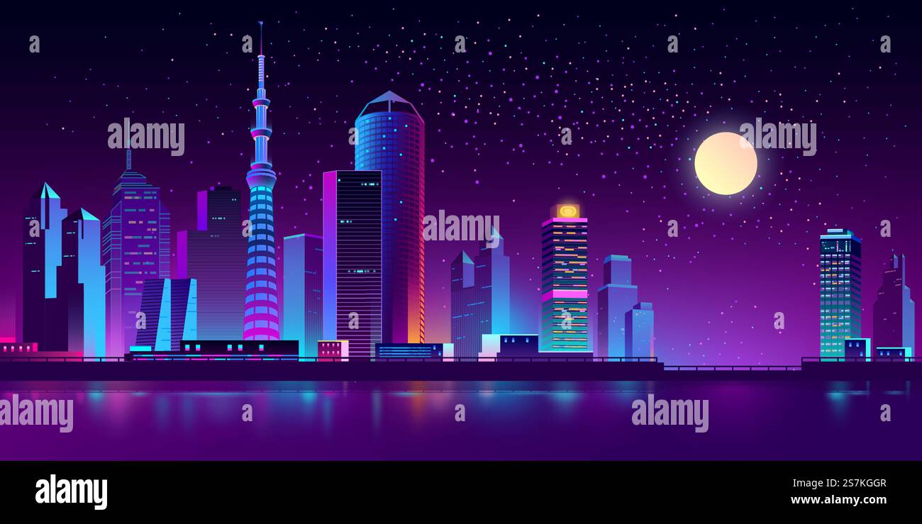 Vector modern megapolis on river at night. Purple glowing buildings on ...