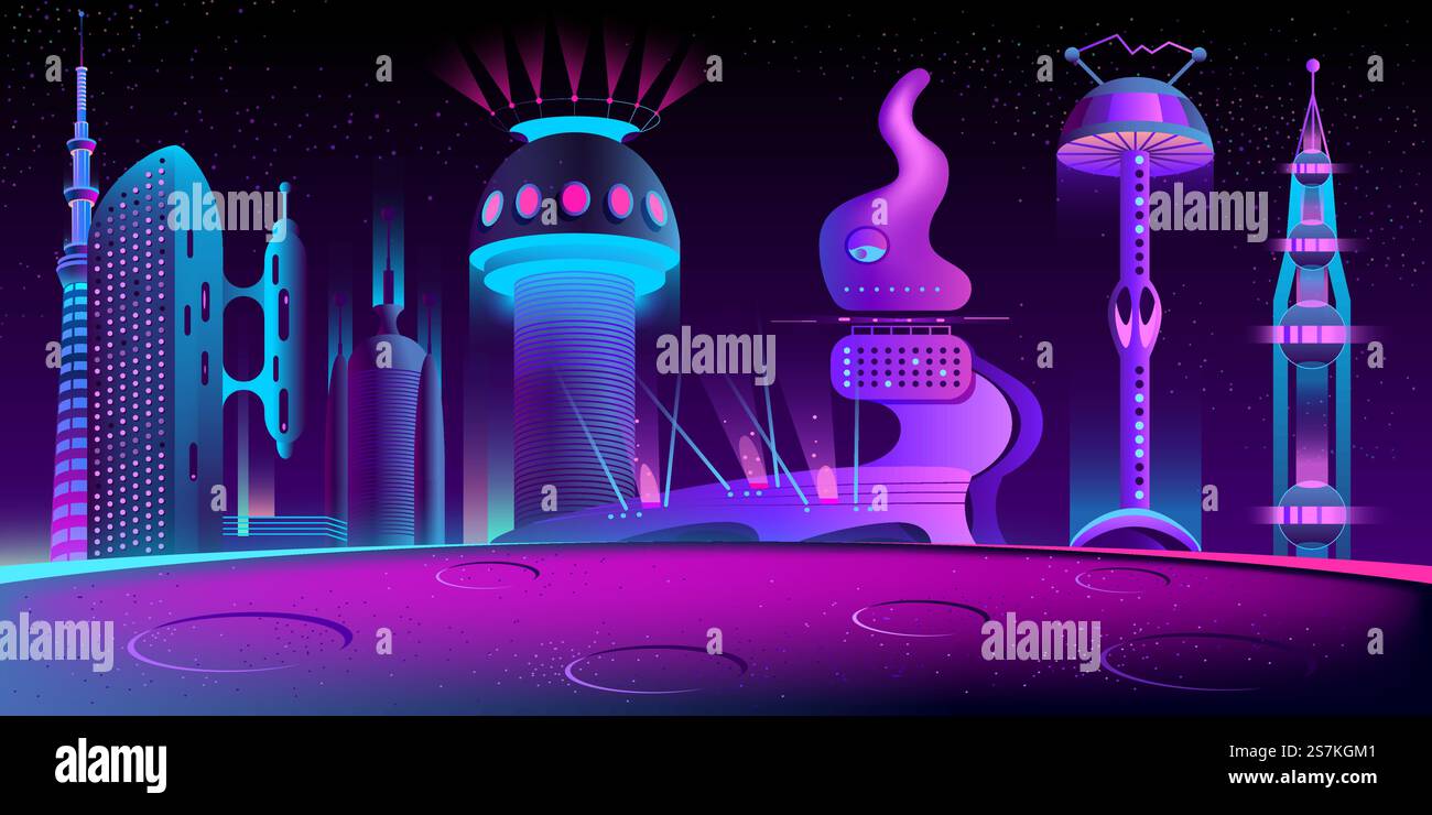 Alien city cartoon vector in neon colors with fantastic futuristic ...