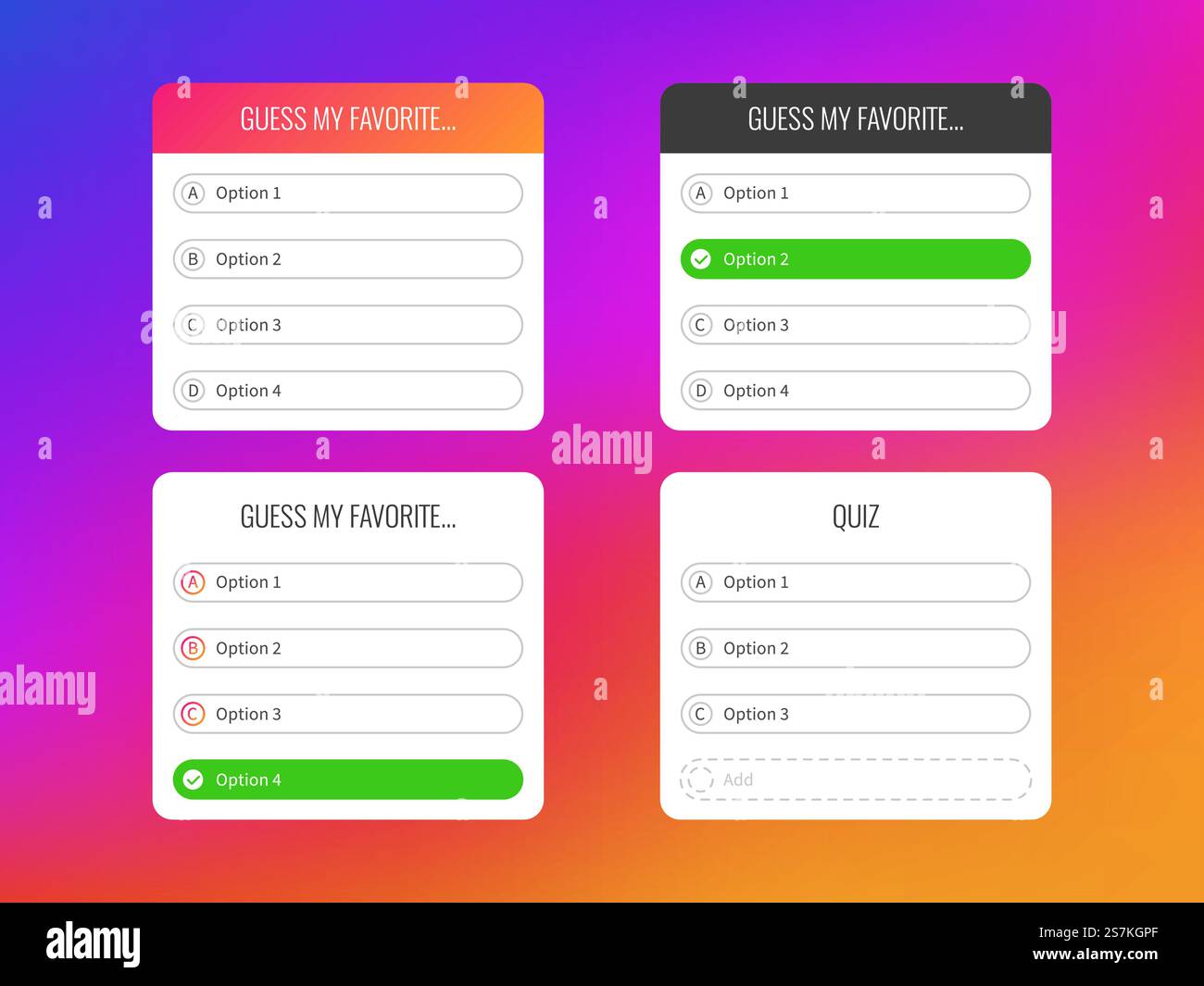 Quiz option. Question stickers for poll stories page, popularity ...