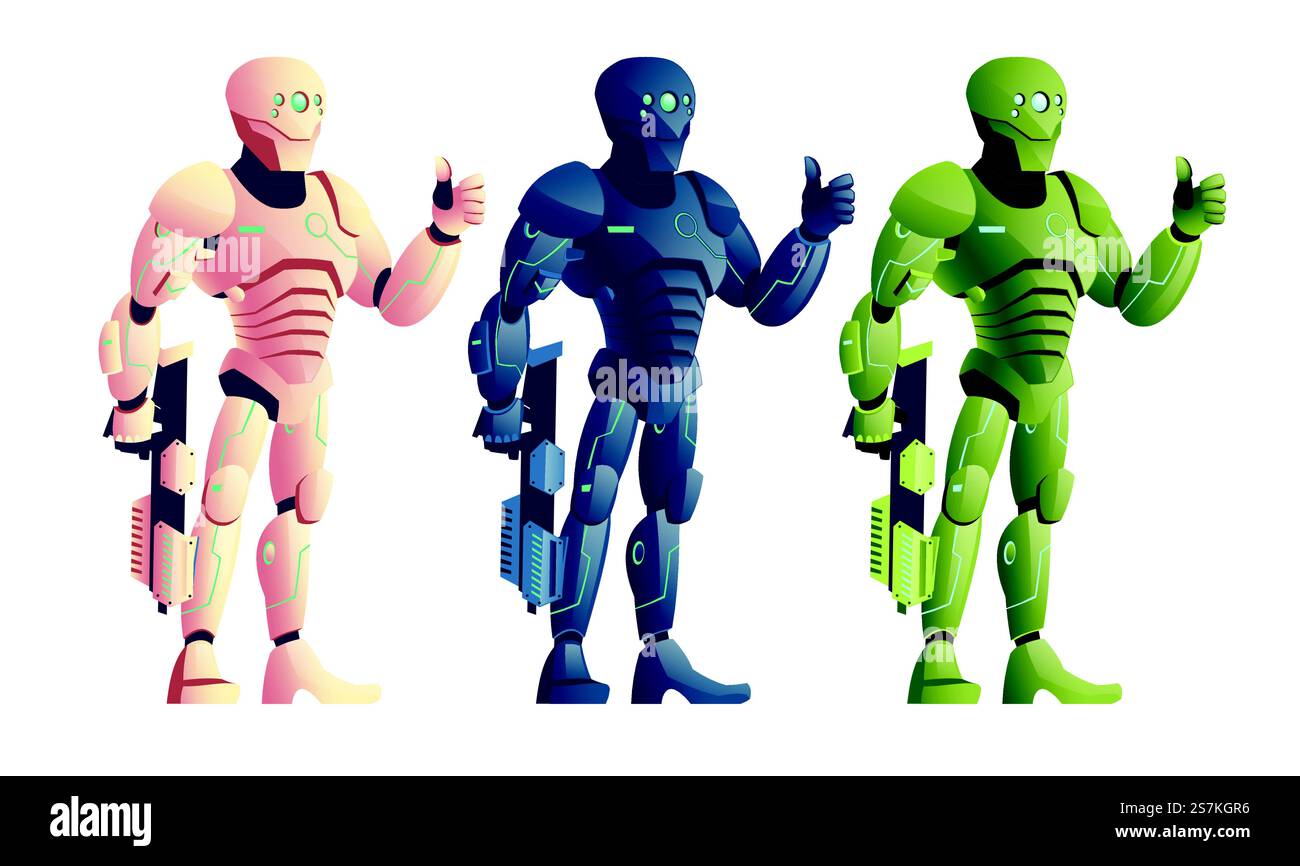 Various color, future cyborg warriors, soldiers in futuristic armor ...