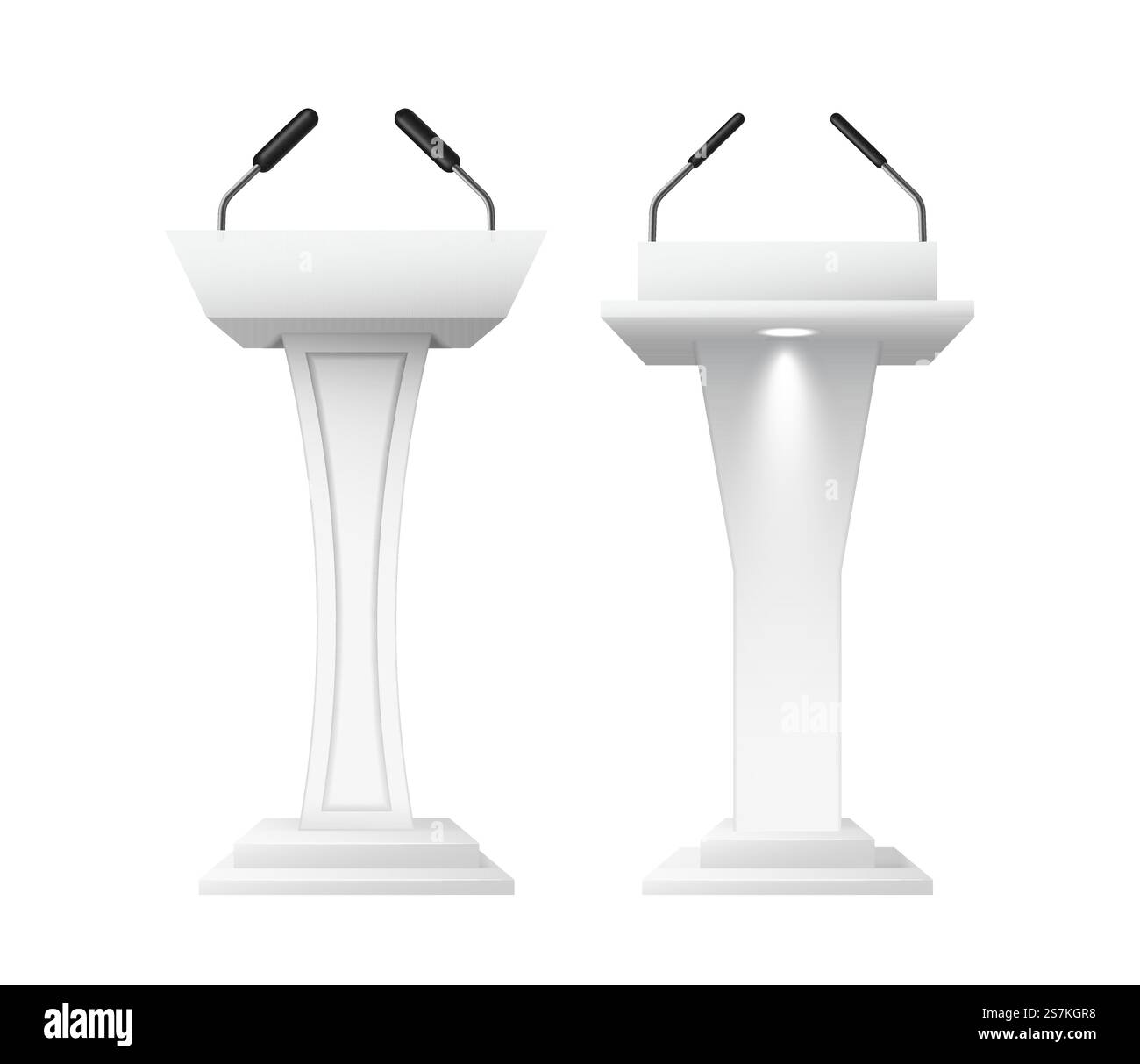 Realistic speech tribunes with microphones. Debate podiums, 3d public ...