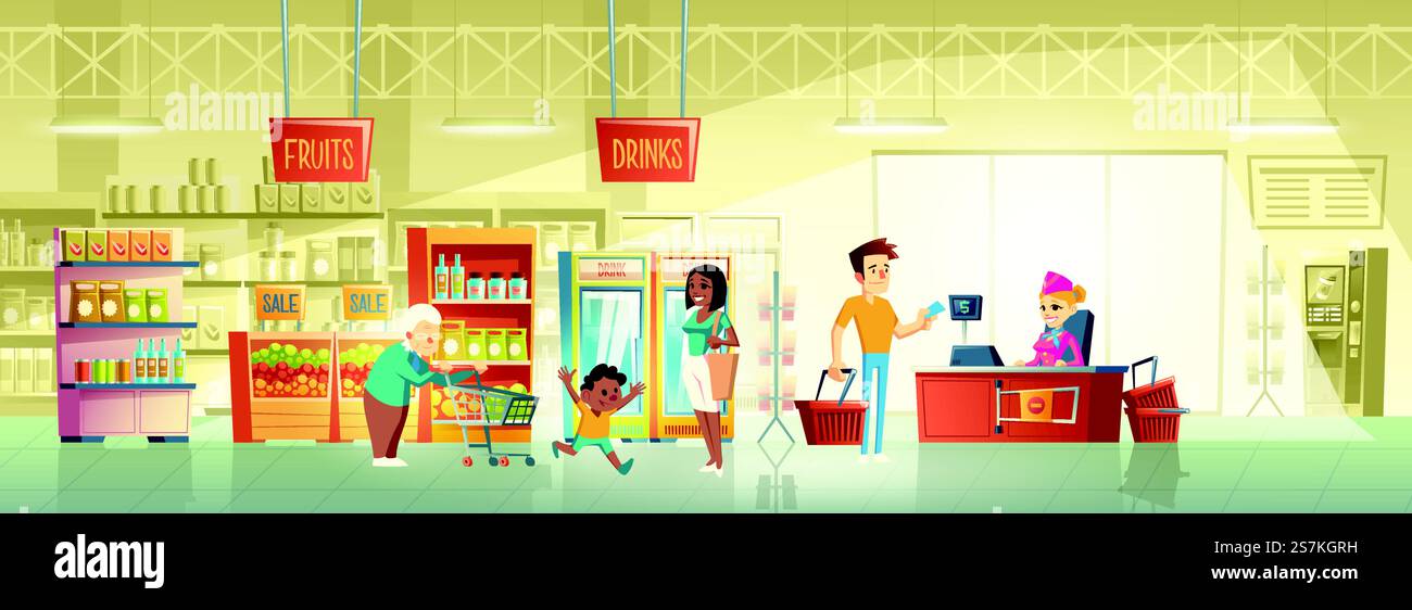 Supermarket buyers, grocery store clients cartoon vector concept with ...