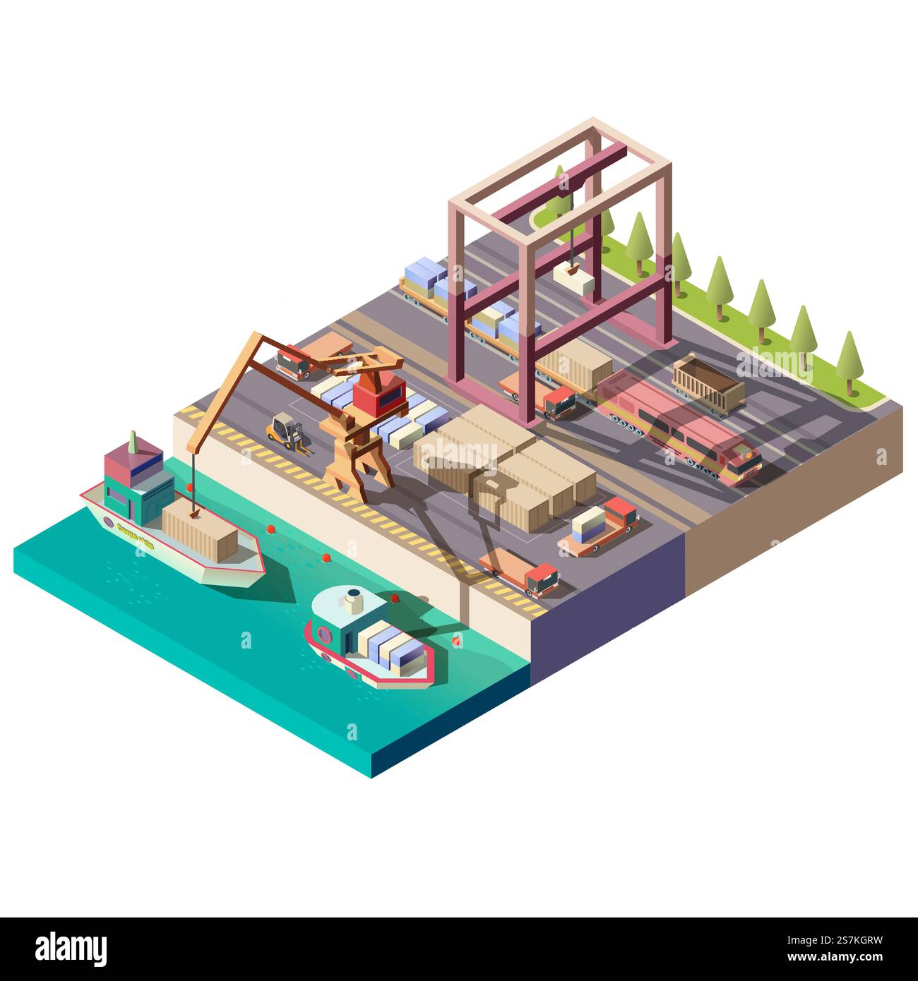 Sea port isometric vector icon with handling gantry crane on quay ...
