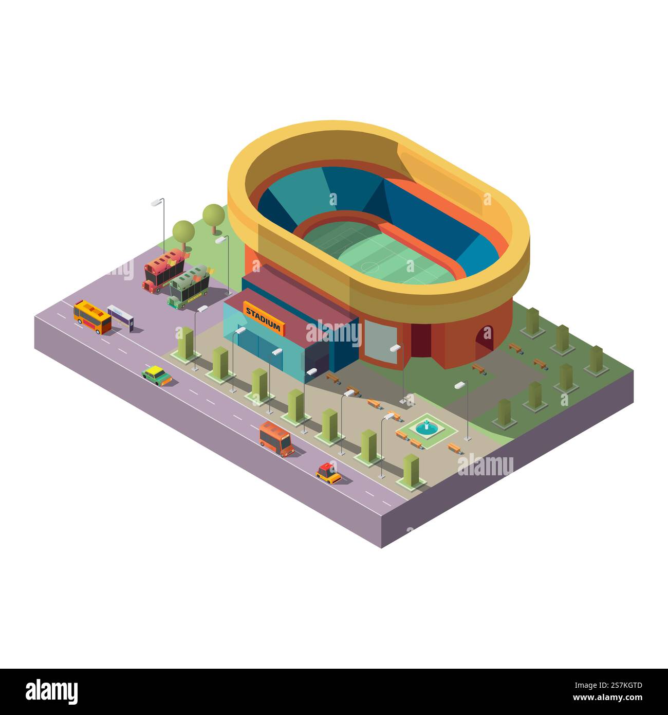 City stadium with soccer field and fans buses on parking isometric ...