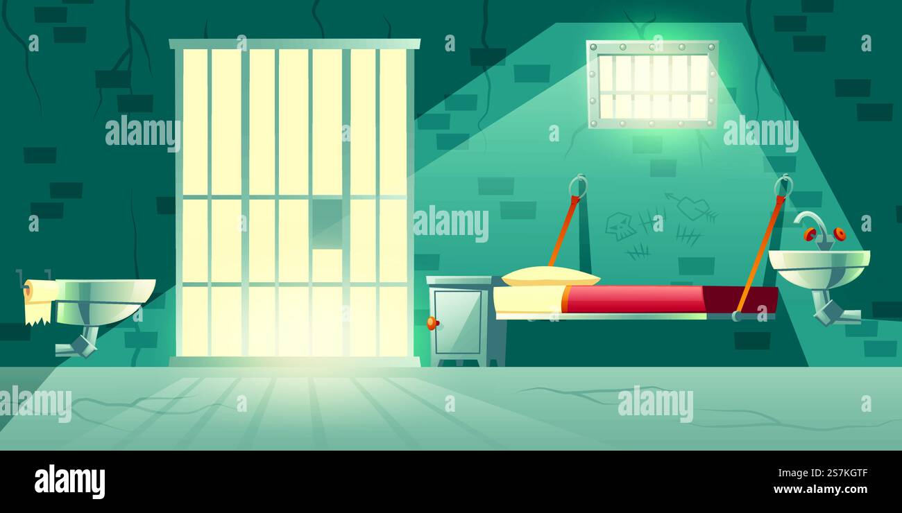 Dark prison cell interior cartoon vector with metal bars on window ...