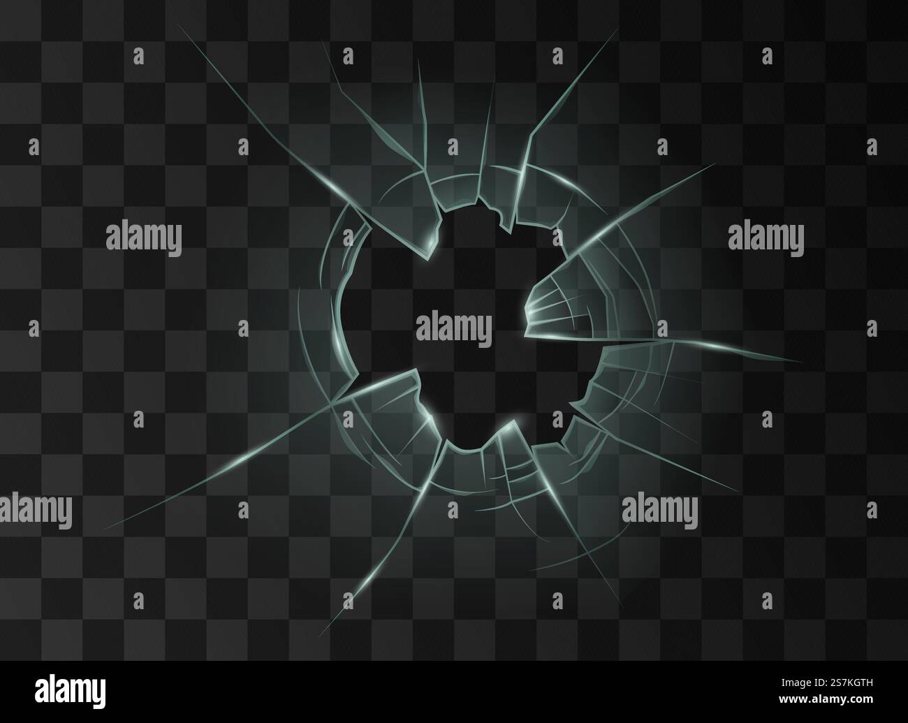 Broken cracked glass with hole from bullet or crash. Transparent ...