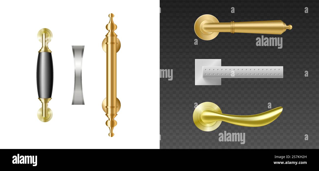 Modern door handles. Silver and golden metal furniture handles for ...