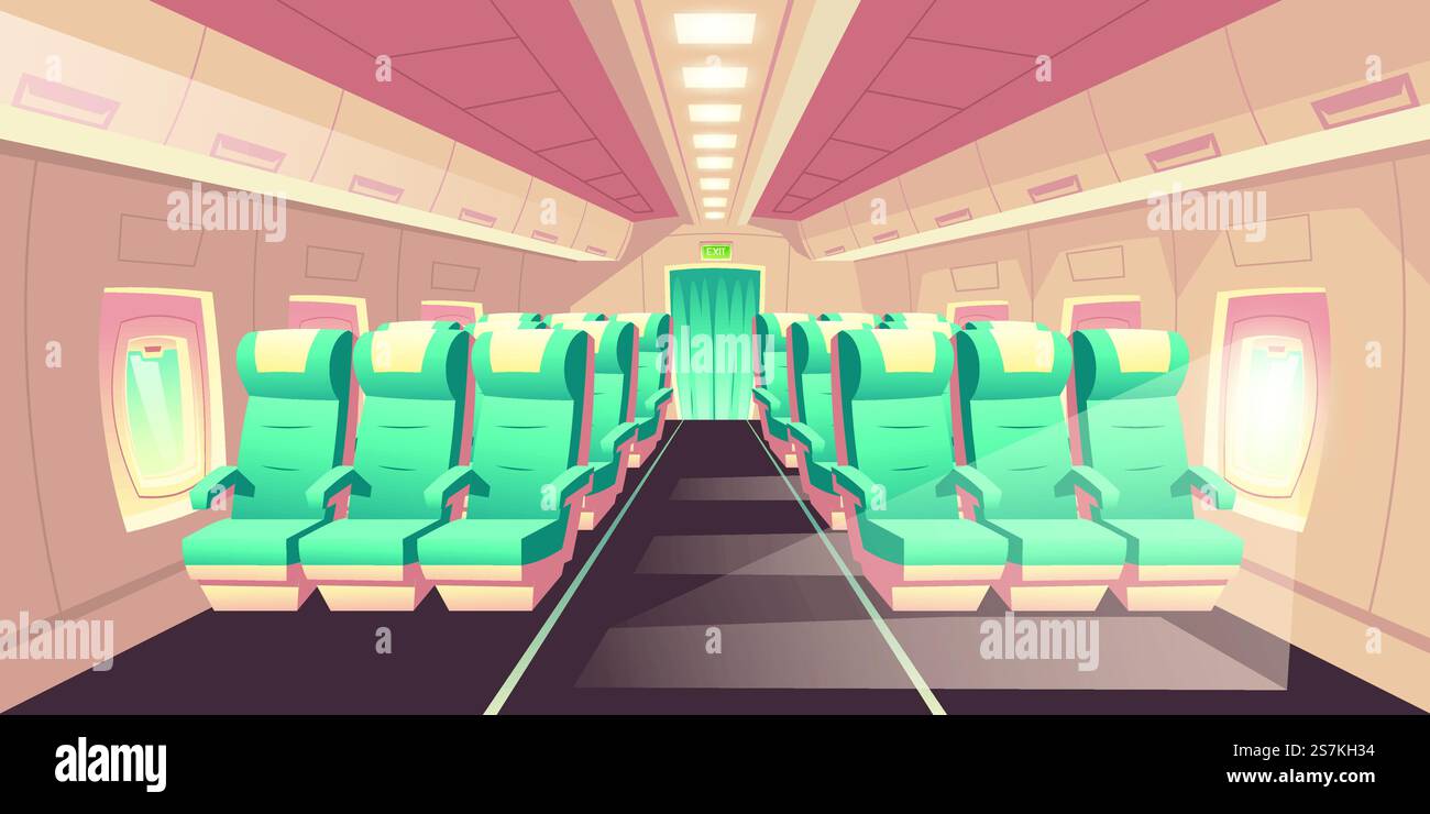 Vector illustration with a cabin of a plane, econom class seats with ...