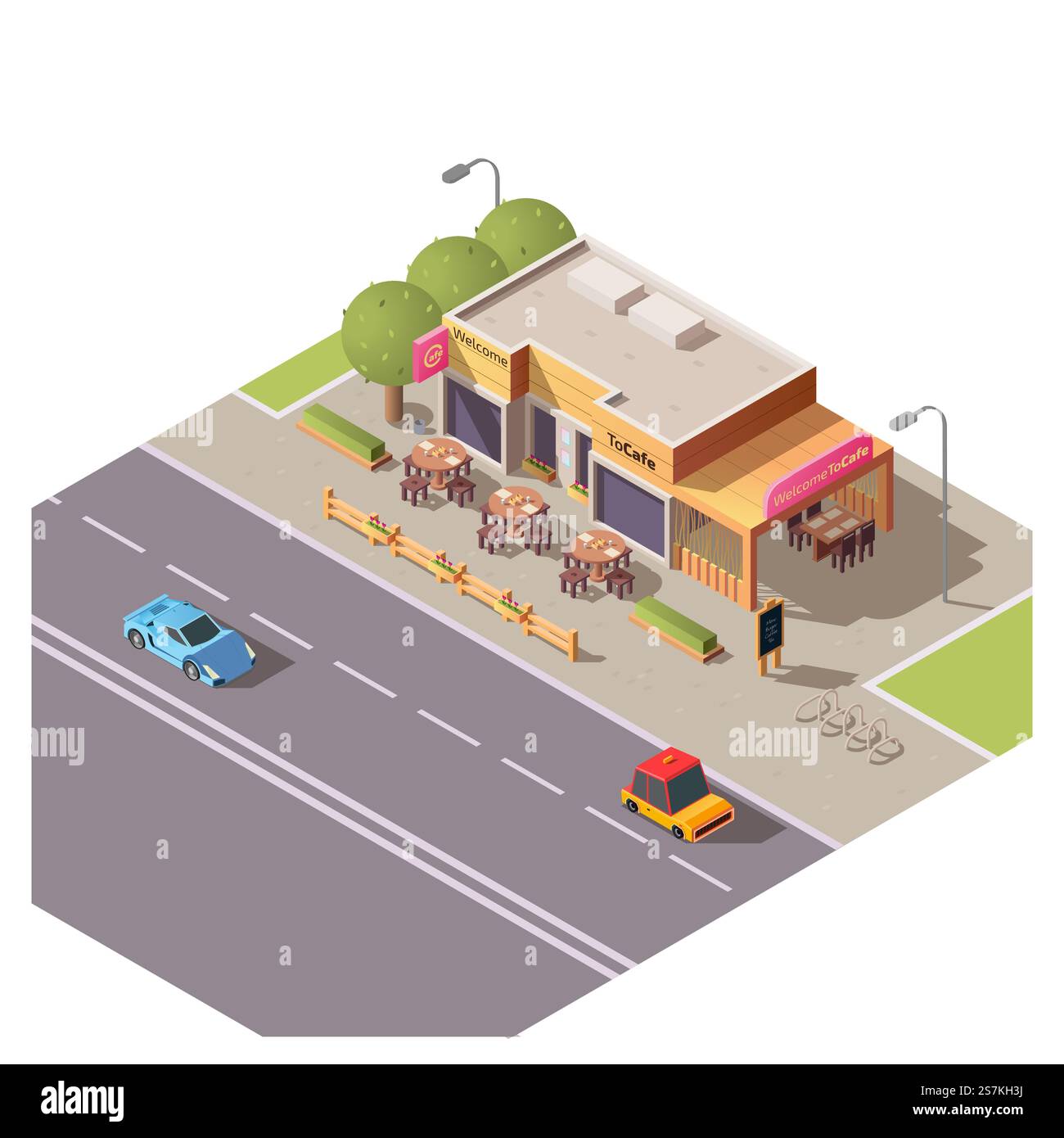 Isometric 3d cafe building with outdoor terrace and round tables at ...